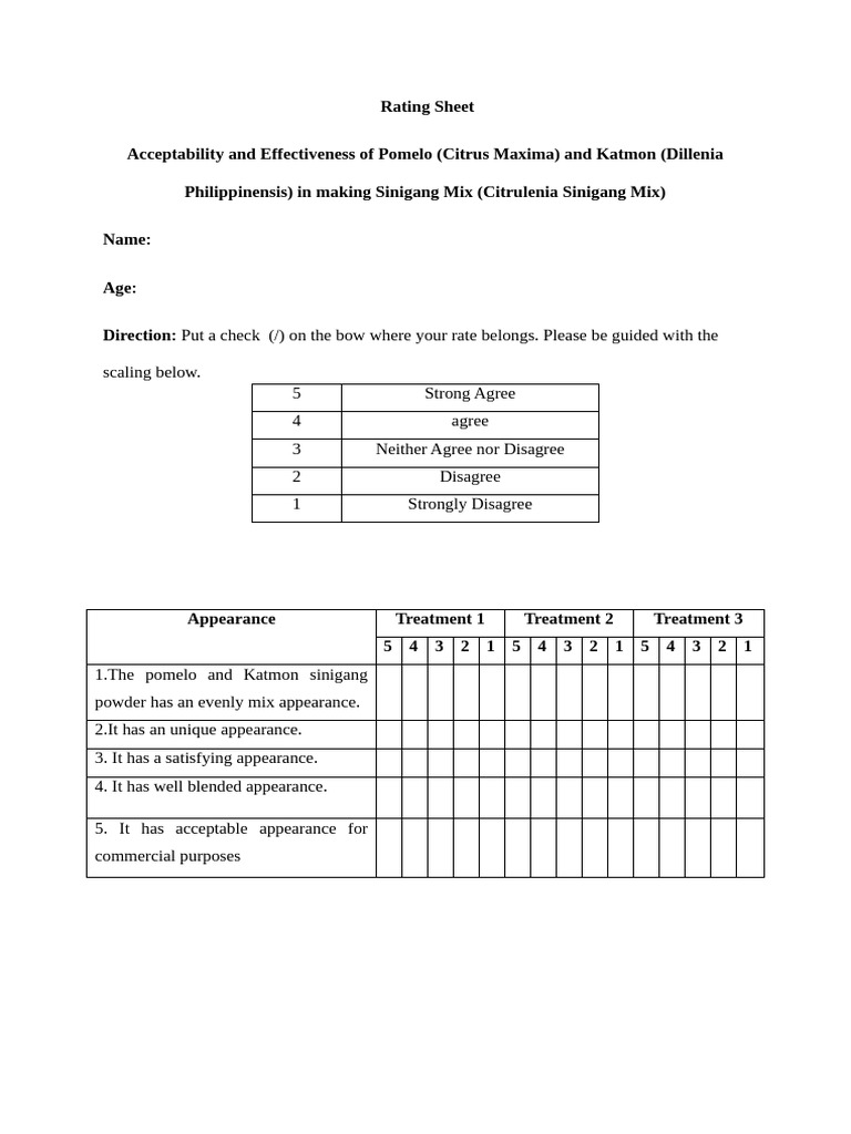 Rating Sheet | PDF | Taste | Odor