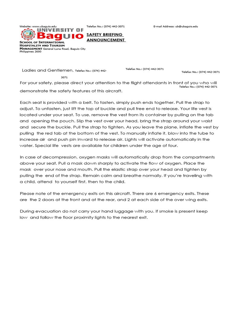 Safety Briefing Announcement | PDF | Equipment