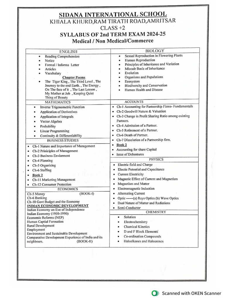 +2 Class Syllabus and Date Sheet of Mid Term Examination | PDF