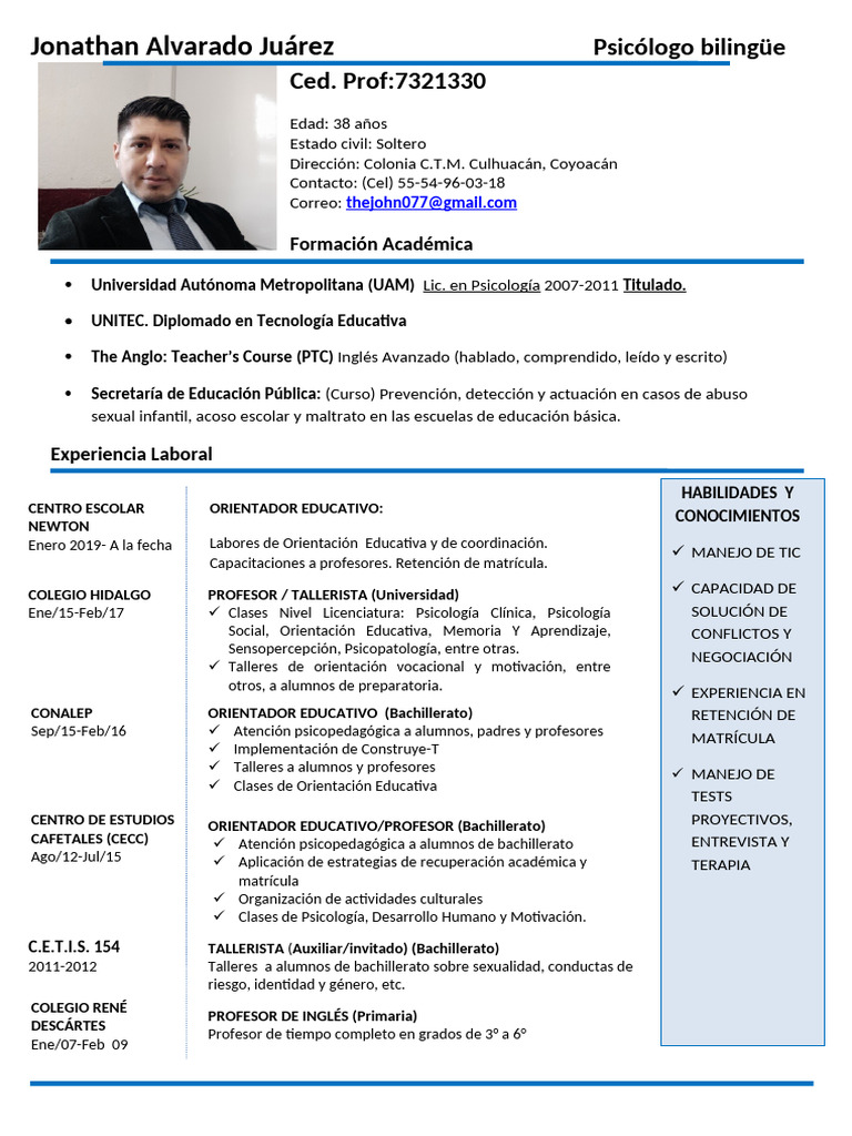 CV Jonathan Alvarado. Psicologo Bilingue 2022 | PDF | Sicología