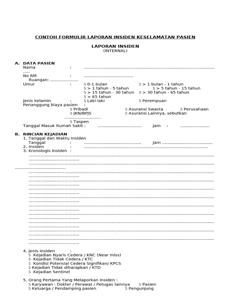 Contoh Formulir Laporan Insiden Keselamatan Pasien | PDF