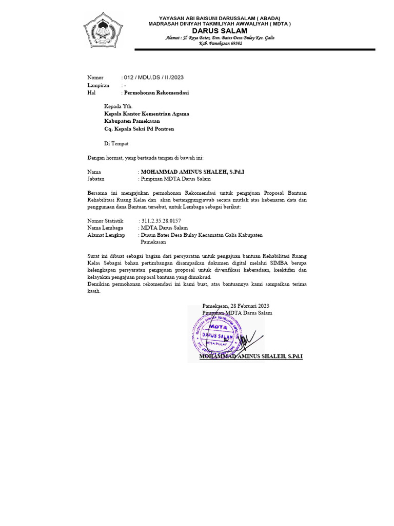 Surat Permohonan Rekom | PDF