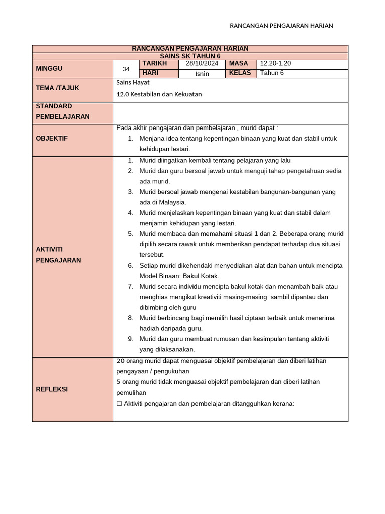 RPH Ringkas Minggu 34 Sains SK THN 6 2023 by Cikgu Gorgeous | PDF