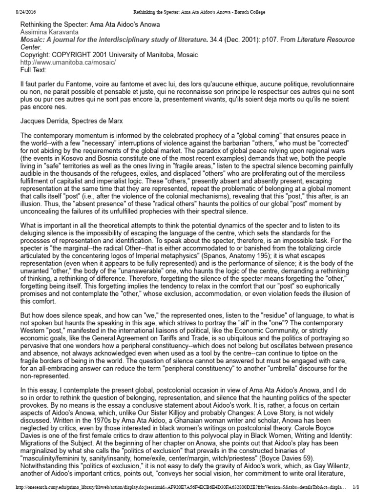 Rethinking The Specter - Ama Ata Aidoos Anowa Baruch College | PDF | Slavery | Postcolonialism