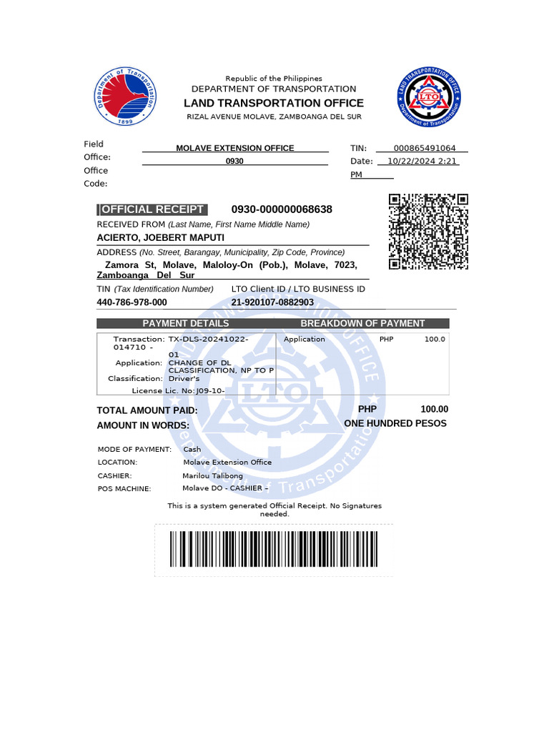 Official Receipt: Land Transportation Office | PDF | Finance & Money ...