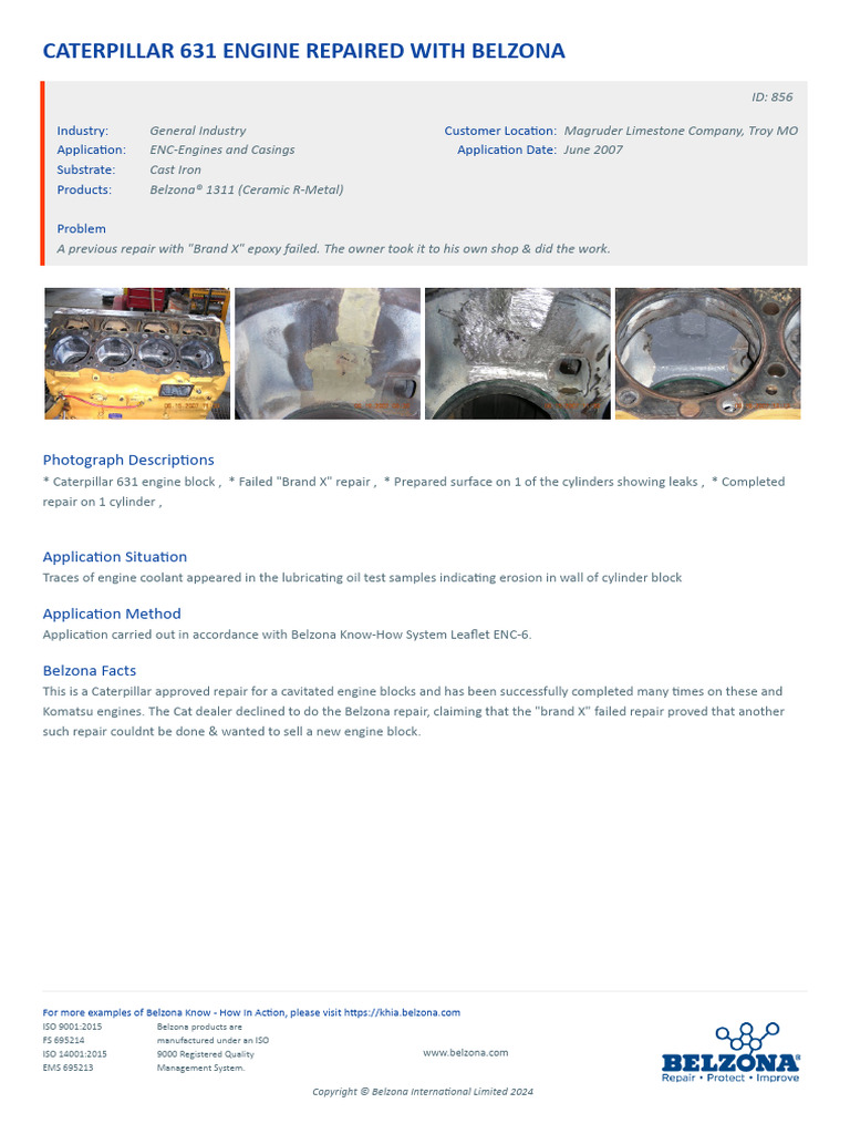 Caterpillar 631 Engine Repaired With Belzona - 856 | PDF