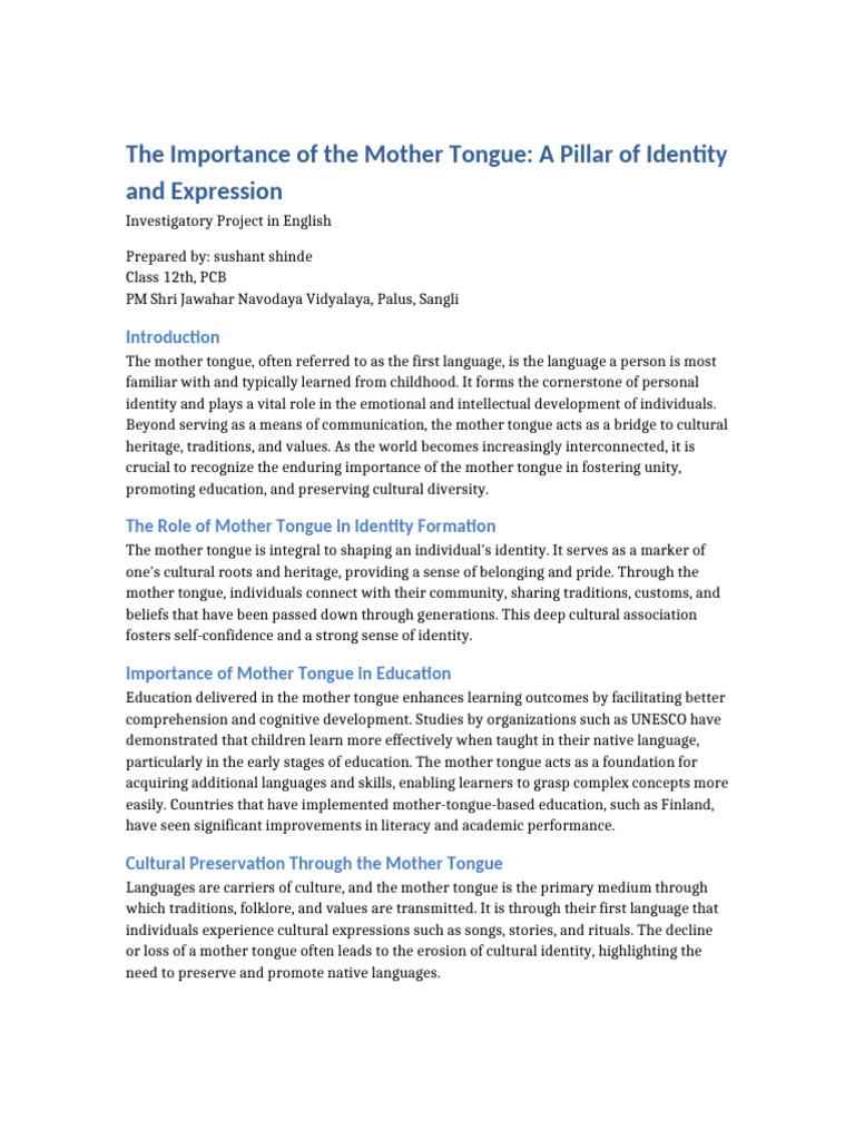 Importance of Mother Tongue 3300 Words | PDF | First Language ...