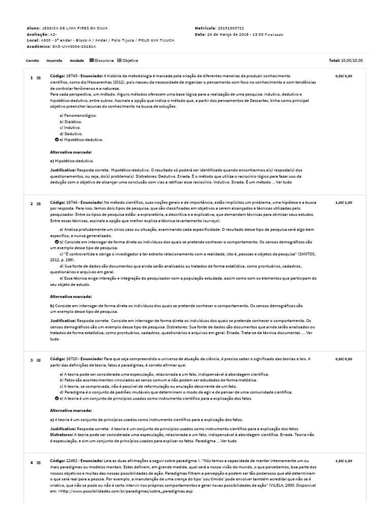 Prova A2 - Metodologia Científica - Respostas | PDF | Método científico | Science