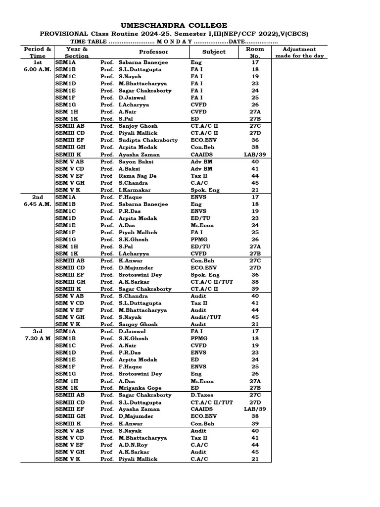 Umeschandra College: PROVISIONAL Class Routine 2024-25. Semester I, III ...