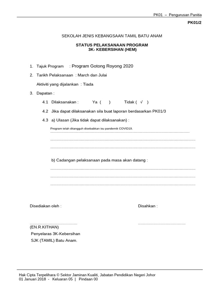 PK01-2 Laporan Pelaksanaan Program 3K - Kebersihan | PDF | Teknologi & Rekayasa