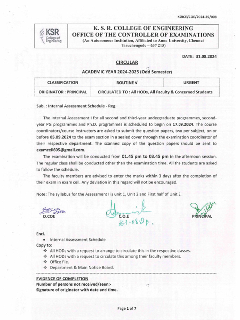 078 - KSRCE - Internal Assessment Schedule - Reg. | PDF