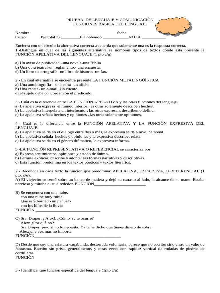 PRUEBA DE LENGUAJE Y COMUNICACI - Docfunciòn Del Lenguaje | PDF