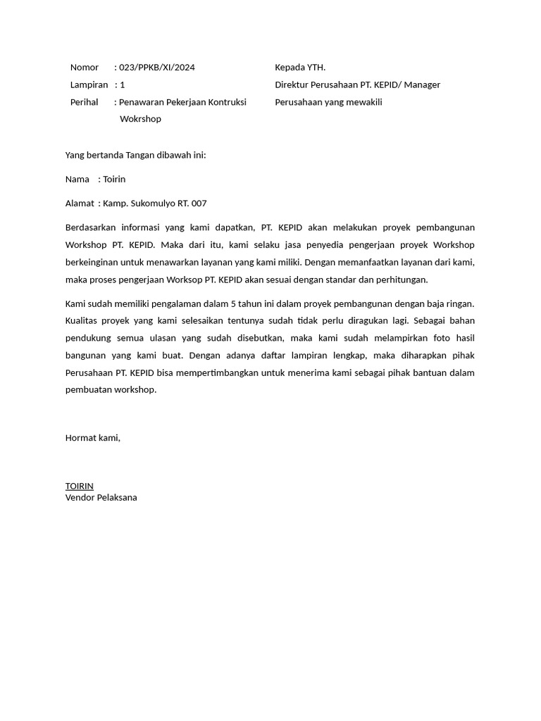 SRT Penawaran WS Pt. Kepid | PDF | Teknologi & Rekayasa