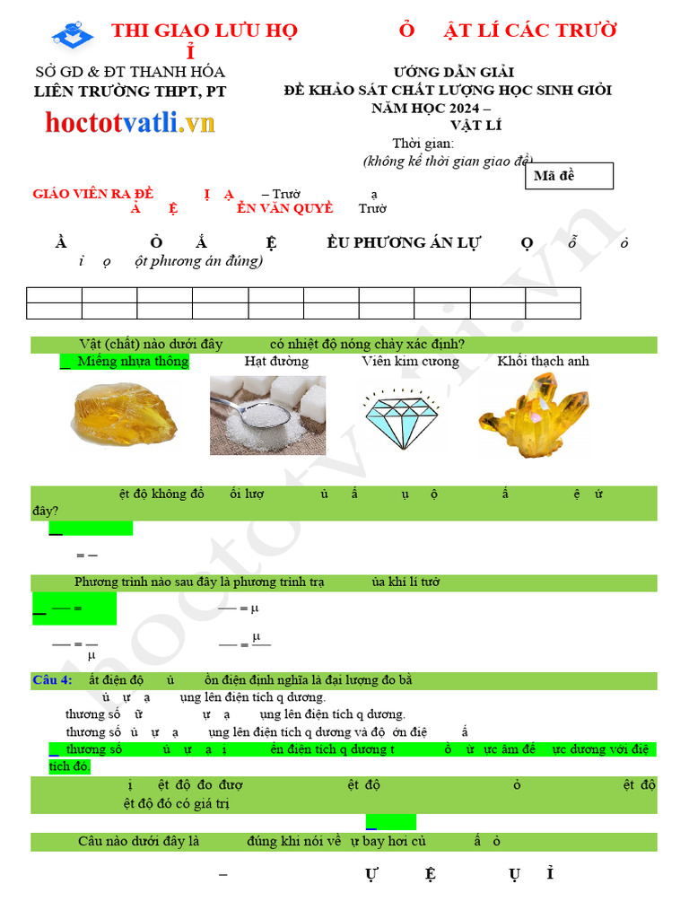 Vat Ly 12 HSG 12 Lien Truong Thanh Hoa 2024 Form Moi de Va Dap An de 1 | PDF
