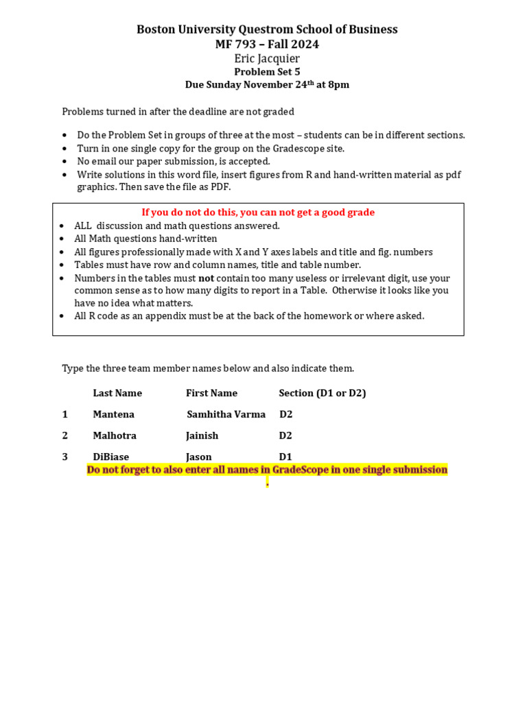 Boston University Questrom School of Business MF 793 Fall 2024 | PDF | Beta (Finance) | Errors ...