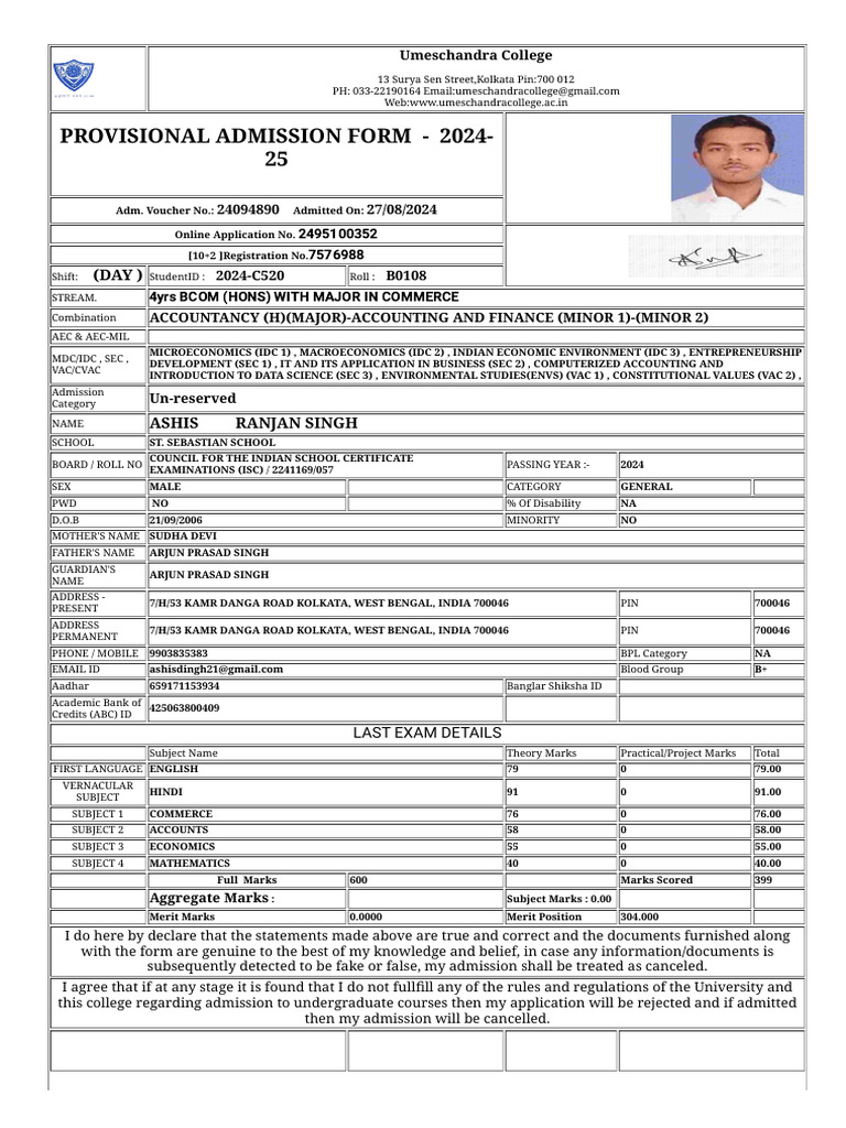 Provisional Admission Form - 2024-25: 2495100352 7576988 4yrs Bcom (Hons) With Major in Commerce ...