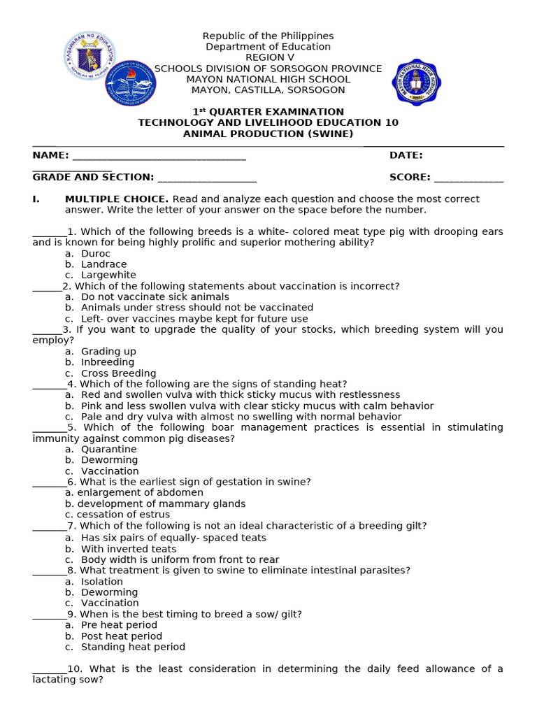 TLE 10 Swine Production Exam | PDF | Pig | Pregnancy