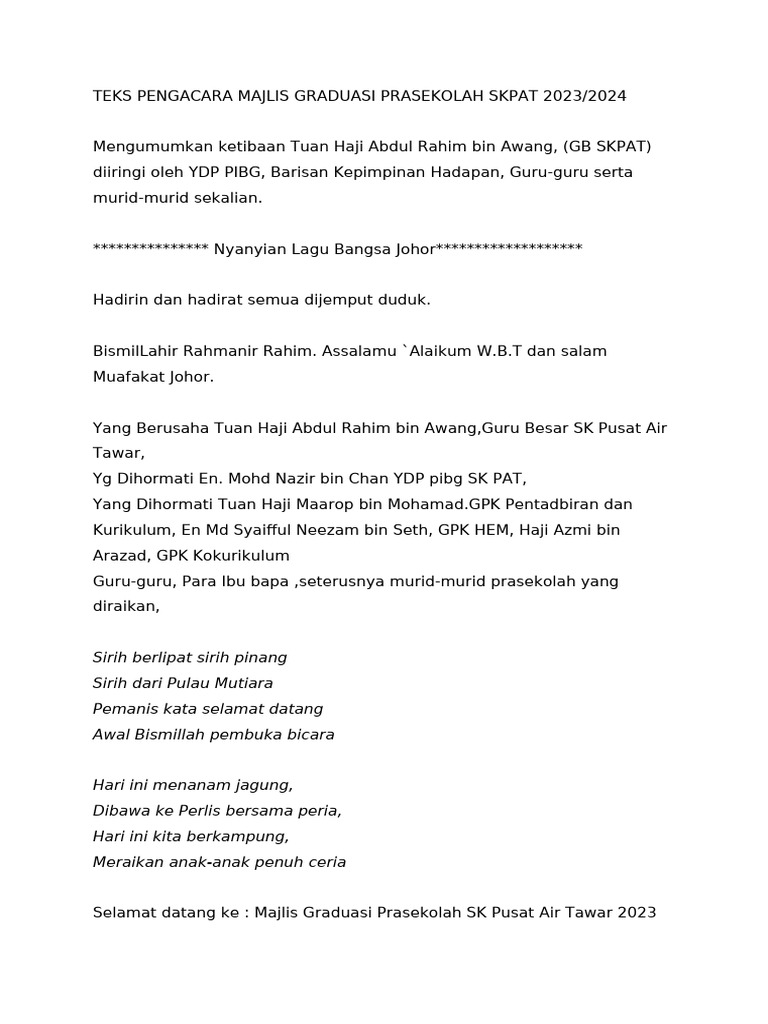 Teks Pengacara Majlis Graduasi Prasekolah 2023 | PDF