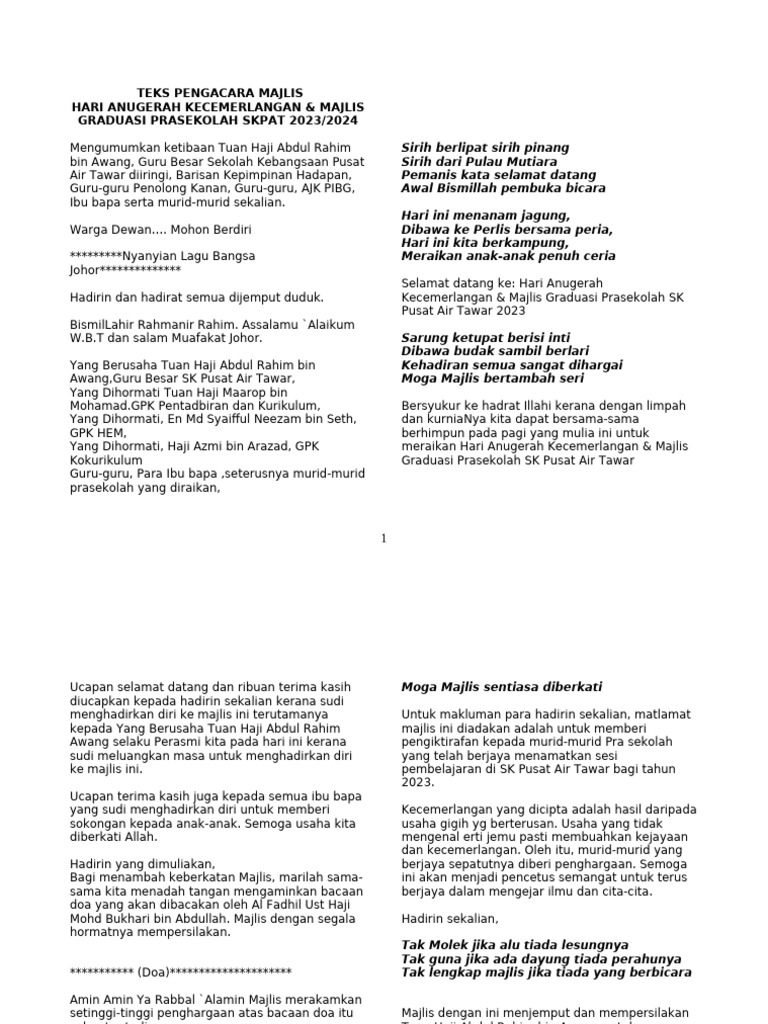 Teks Pengacara Majlis Graduasi Al Prasekolah 20232024 | PDF