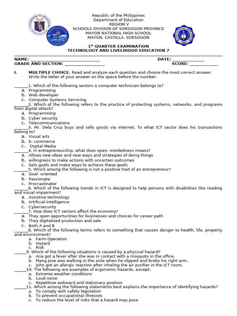 Tle 7 Examination 1ST Quarter | PDF | Hazards | Computer Security
