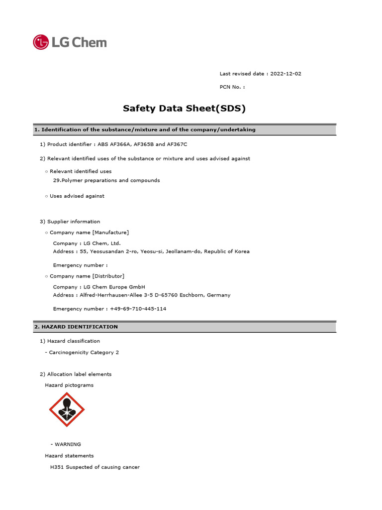 LG AF366A Safety Data Overview | PDF | Toxicity | Dangerous Goods