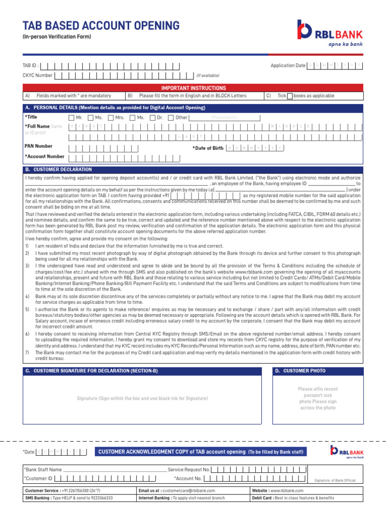 RBL Bank Account Opening Form | PDF | Payments