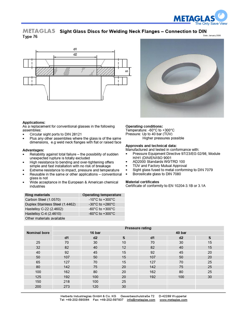 Sight Glass Disc To DIN Type76 | PDF | Glasses | Mechanical Engineering