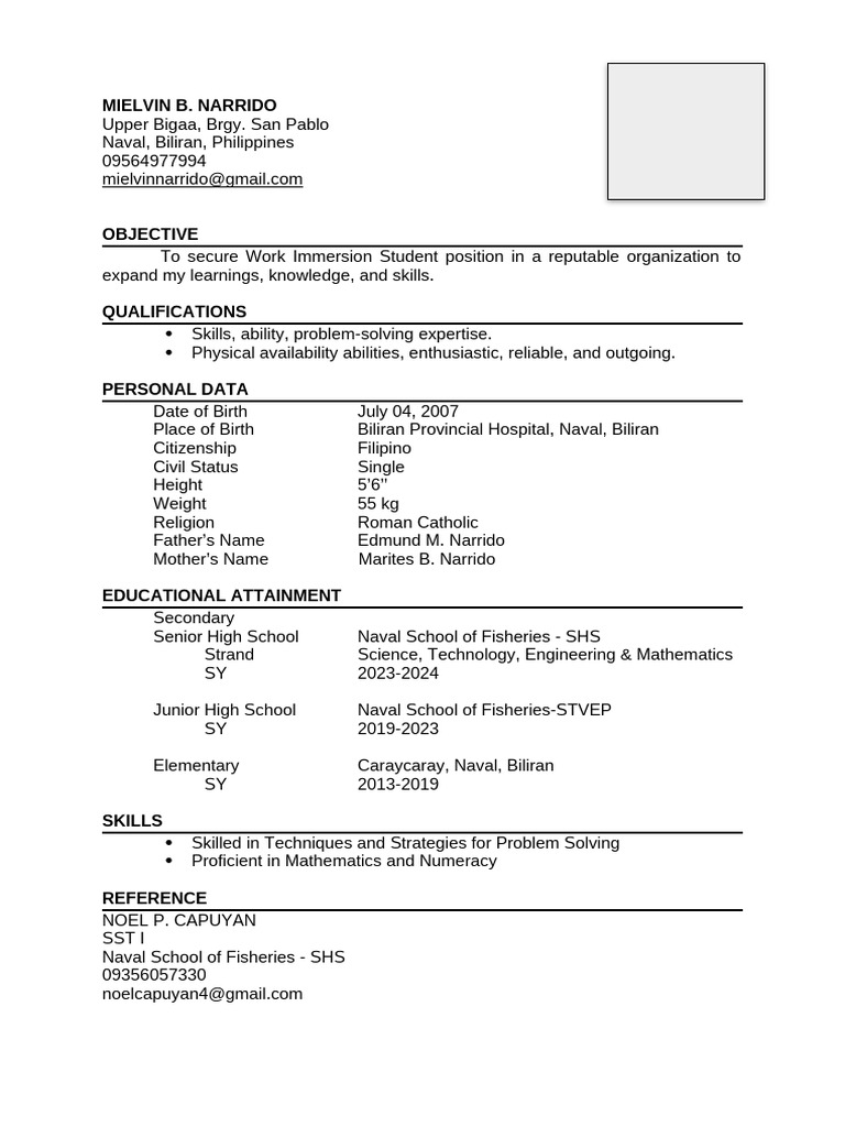 Work Immersion Student Resume | PDF