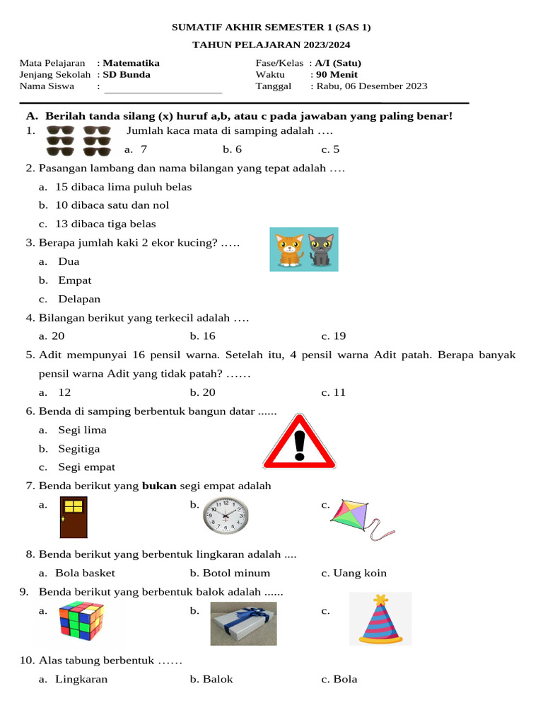 Soal SAS 1 Matematika Kelas 1 TA 2023 2024 1 | PDF | Olahraga & Rekreasi | Griya & Taman