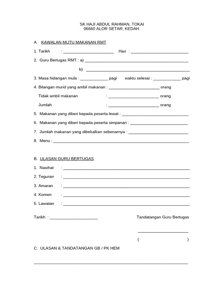 Borang Kawalan Mutu Makanan RMT | PDF | Kesehatan Holistik