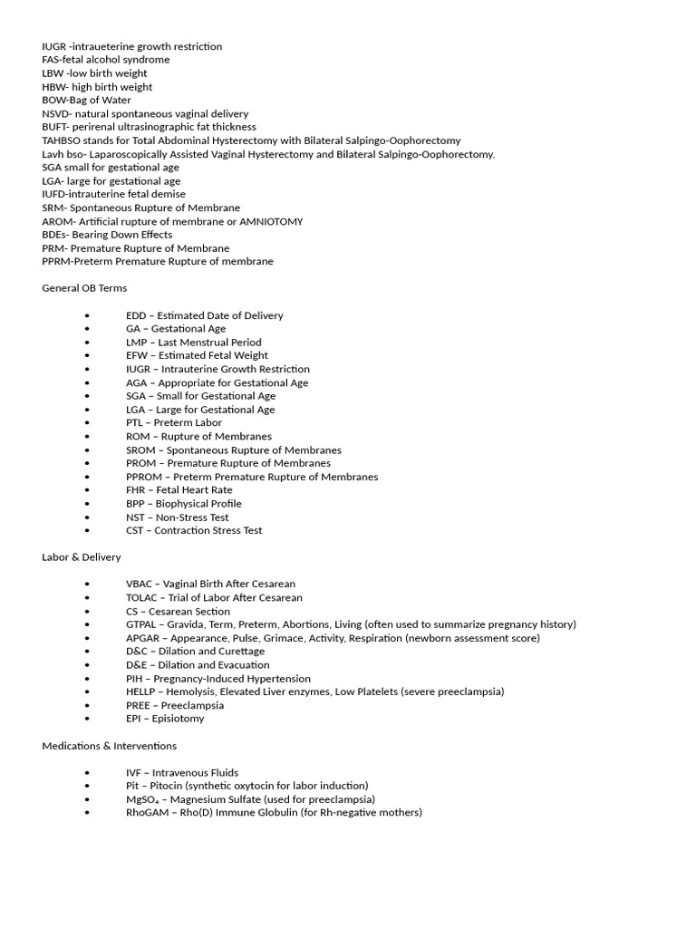 General OB Terms | PDF | Childbirth | Preterm Birth