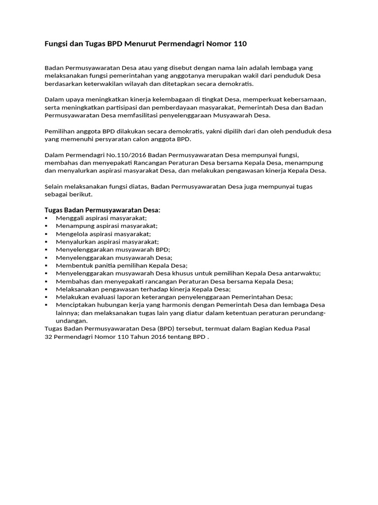 Fungsi Dan Tugas BPD Menurut Permendagri Nomor 110 | PDF | Pengembangan Diri