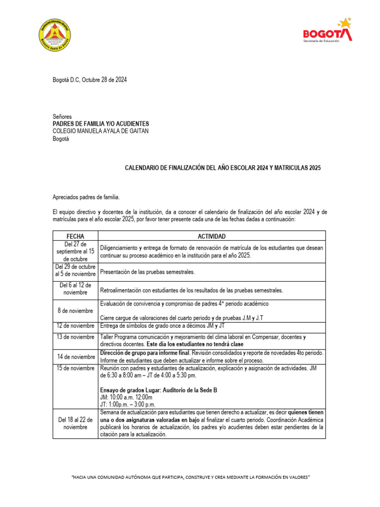 CIRCULAR No. 19 FINALIZACION ANO 2024 Y MATRICULAS ANTIGUOS 2025 | PDF | Bogotá