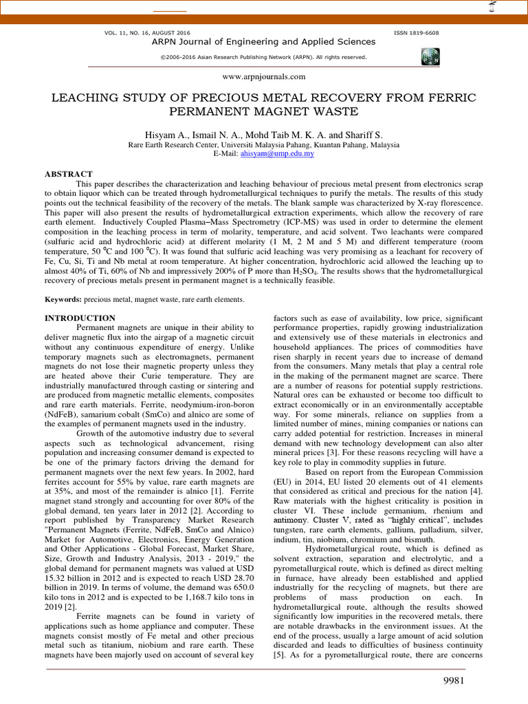 Leaching Study of Precious Metal Recovery From Ferric Permanent Magnet ...