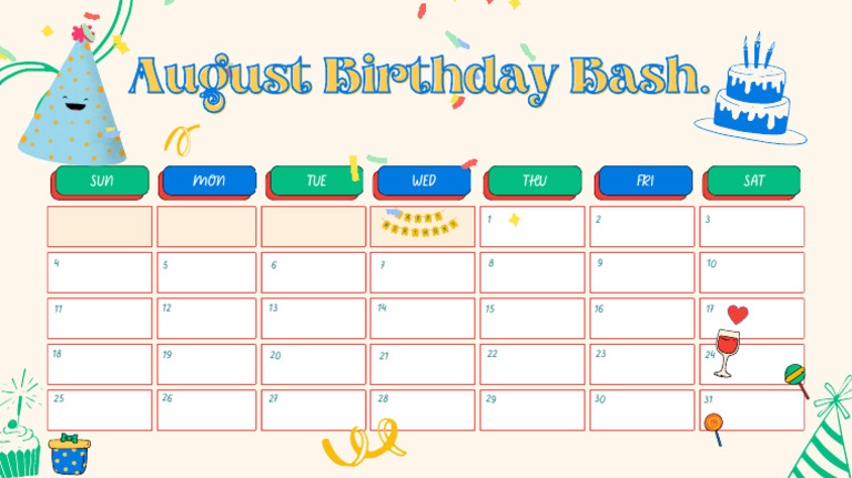 Cream and Blue Playful August Birthday Calendar | PDF