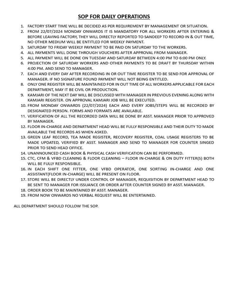 Daily Operations SOP Guidelines | PDF