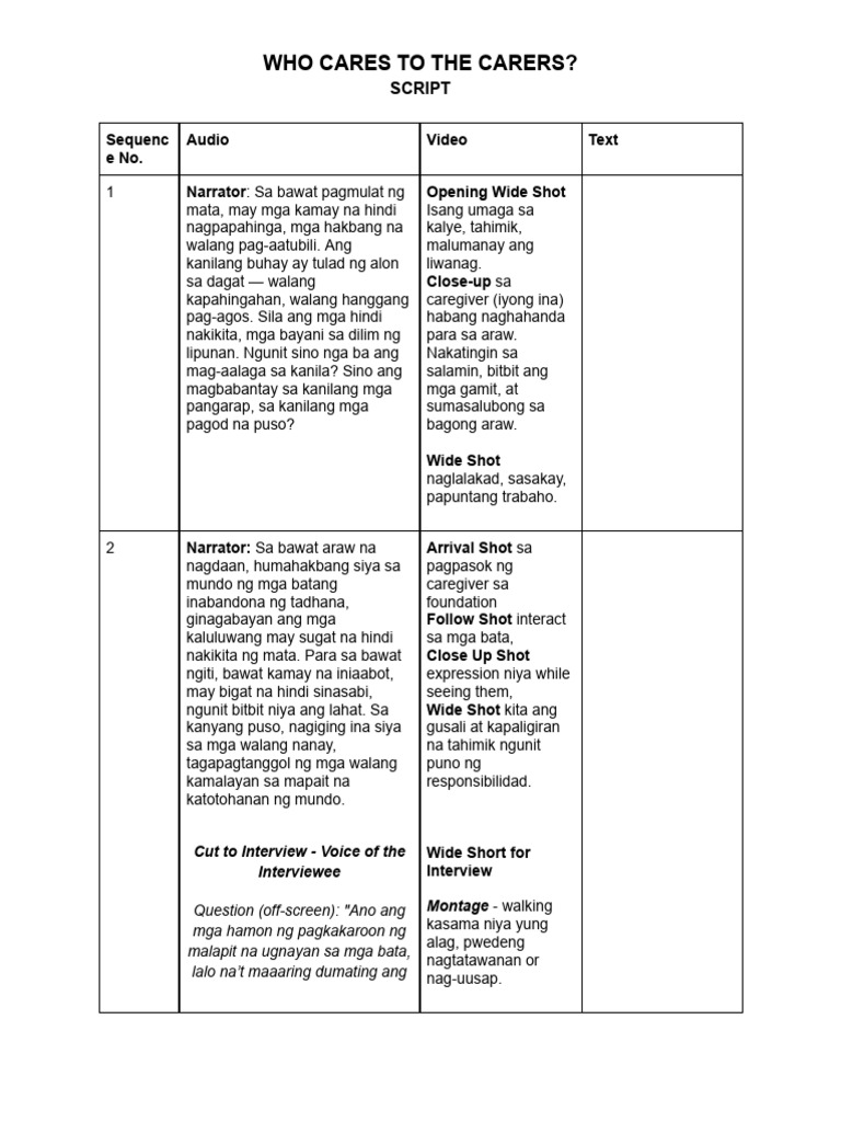 Sequence Script - Who Cares To The Carers | PDF