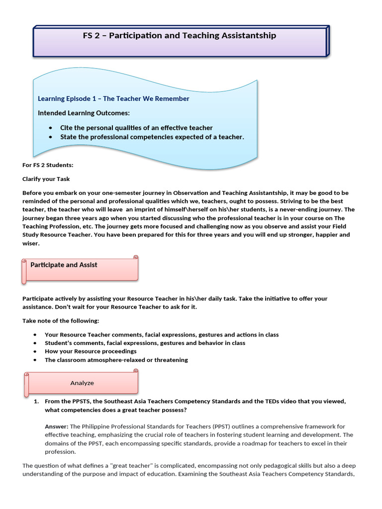 FS 2 activitiesBTVTED BECED BSNED BSED C | PDF | Teachers | Learning