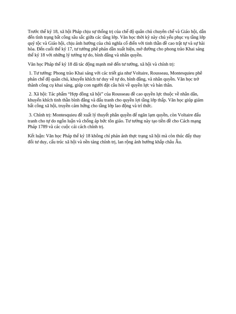 Tác động của VH Pháp trước TK18 và TK18 vào tư tưởng xã hội và chính ...