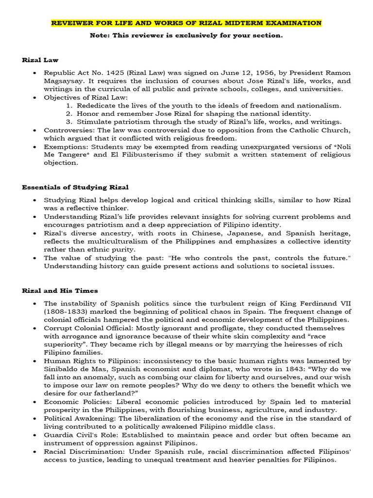 Reveiwer For Life and Works of Rizal Midterm Examination | PDF | Philippines