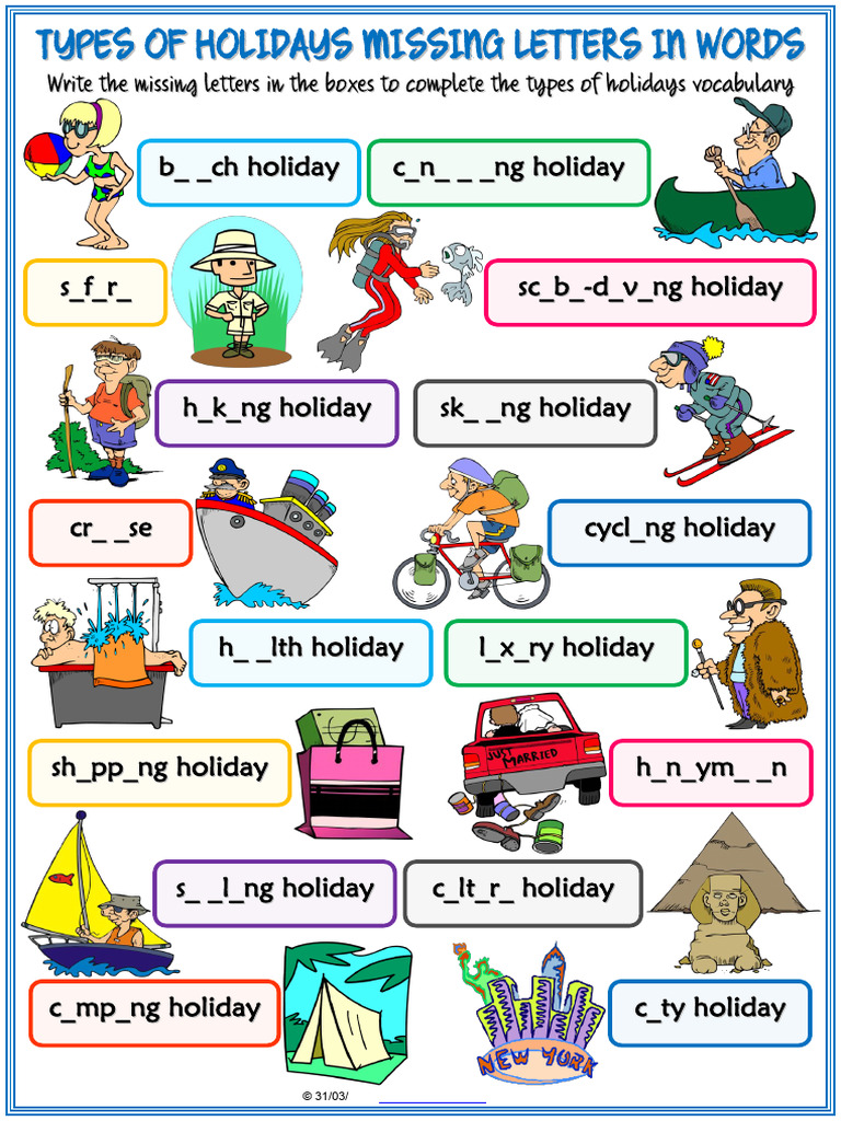 Types of Holidays Vocabulary Esl Missing Letters in Words Worksheet For ...