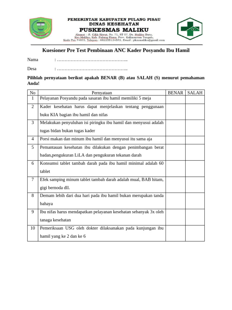 Kuesioner Pre Test Kader | PDF | Kesehatan Holistik