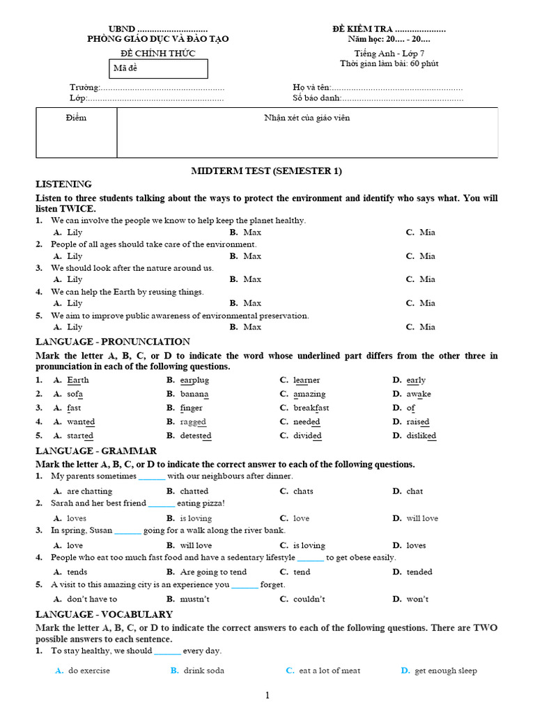 Hoclieu - Midterm Test (Semester 1) | PDF | Language Arts & Discipline