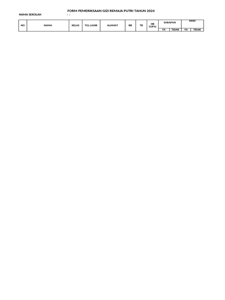 Form Penjaringan Gizi | PDF
