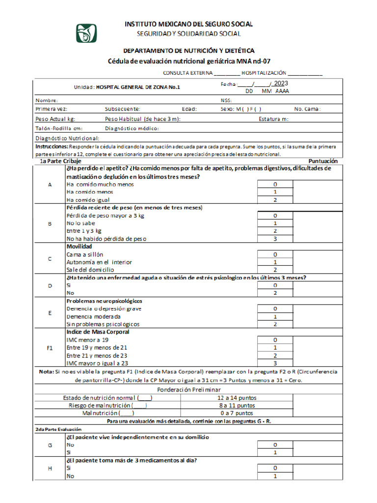 Formato MNA para Evaluación Nutricional | PDF | Nutrición | Dieta y ...
