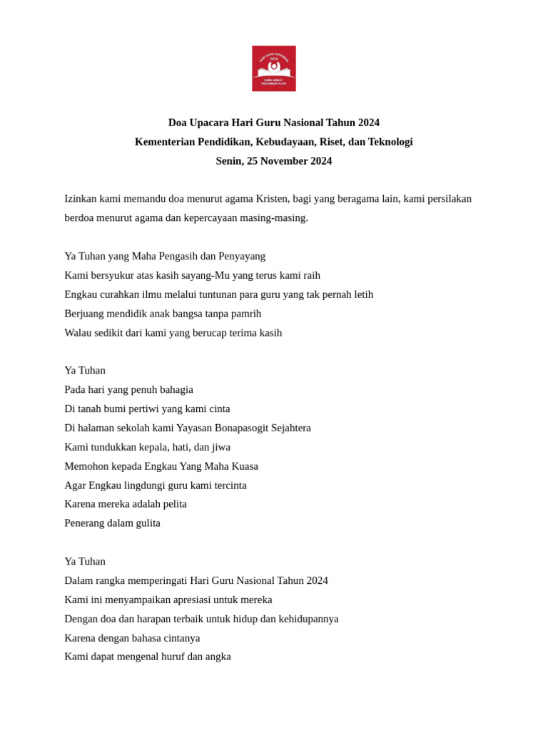 Doa Upacara Hari Guru Nasional Tahun 2024 | PDF