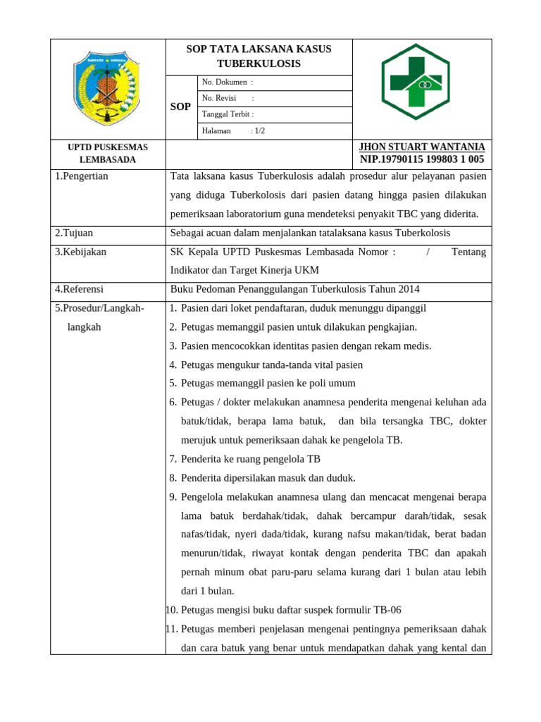 E.P. 4.4.1. E. 1 SOP TATA LAKSANA KASUS TUBERKULOSIS | PDF