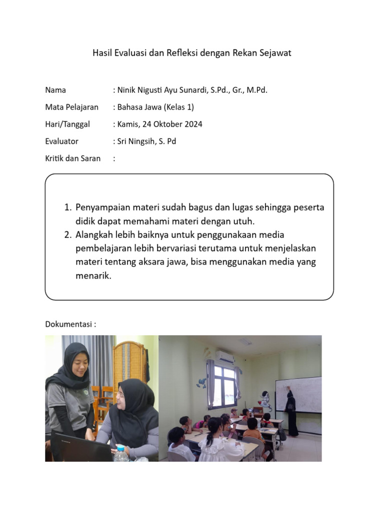 Hasil Evaluasi Dan Refleksi Dengan Rekan Sejawat 1 | PDF