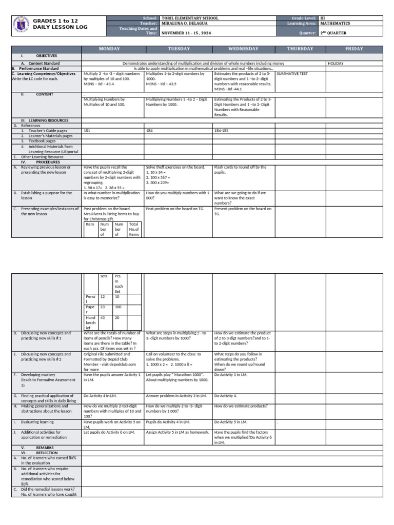 Dll Mathematics 3 q2 w4 | PDF | Teachers | Learning