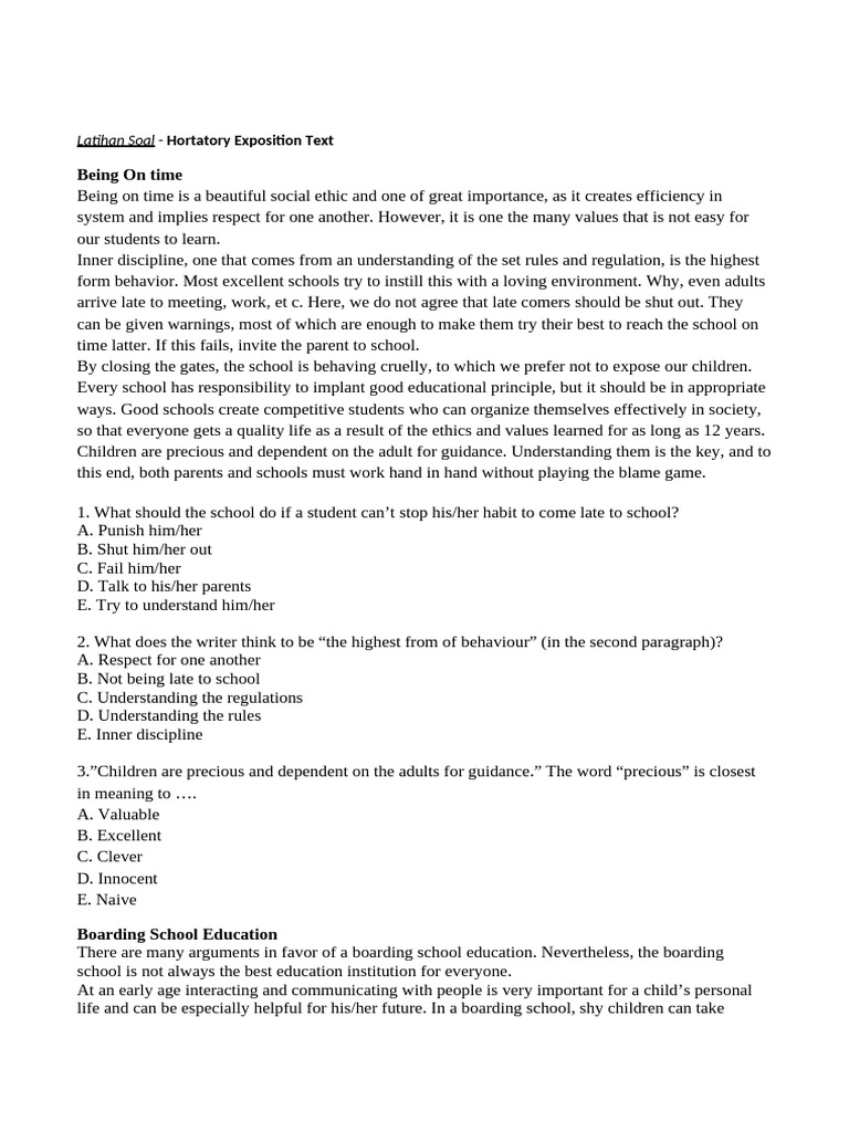 Latihan Soal Hortatory Exposition Text No. 1 - 10 | PDF | Teachers ...